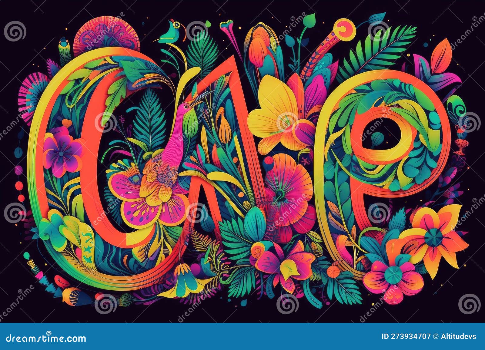Psychedelic Typography and Lettering with Floral Elements Stock ...