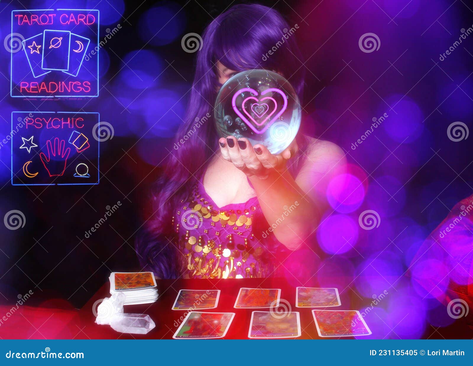Psychic Tarot Card Reader with Neon Signs Stock Image - Image of ...
