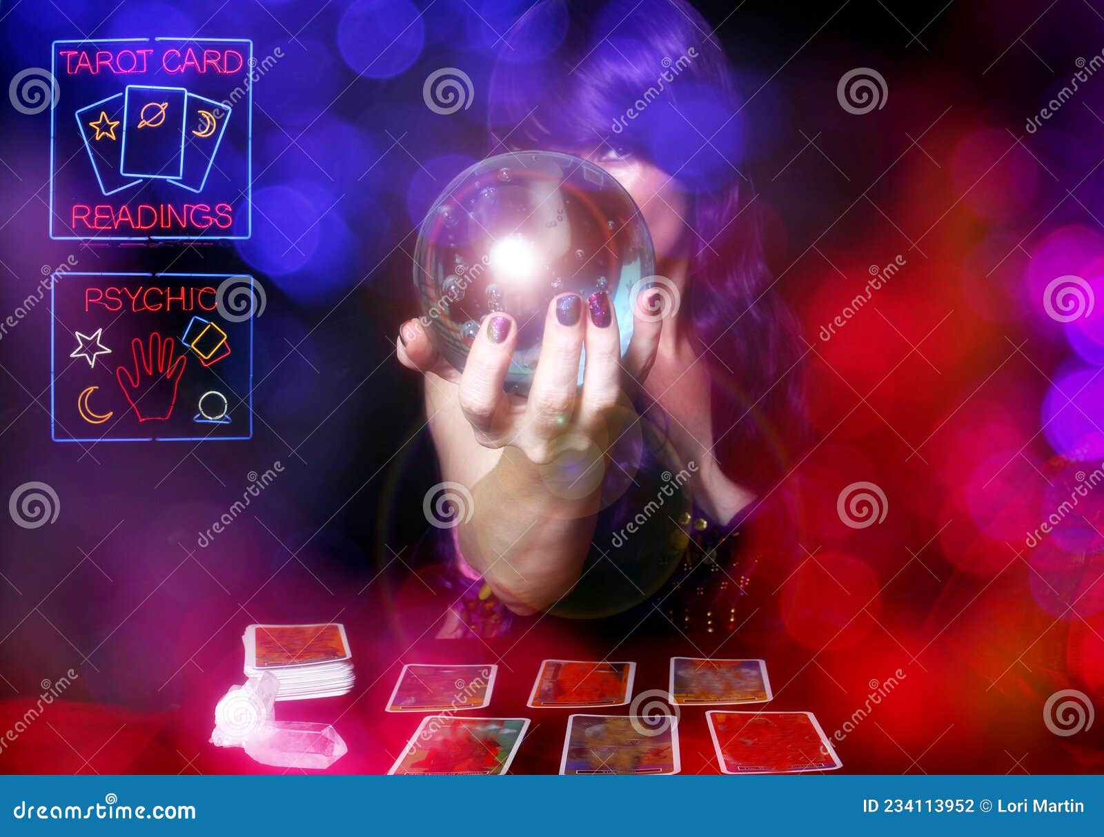Psychic Tarot Card Reader with Neon Signs Stock Photo - Image of magic ...