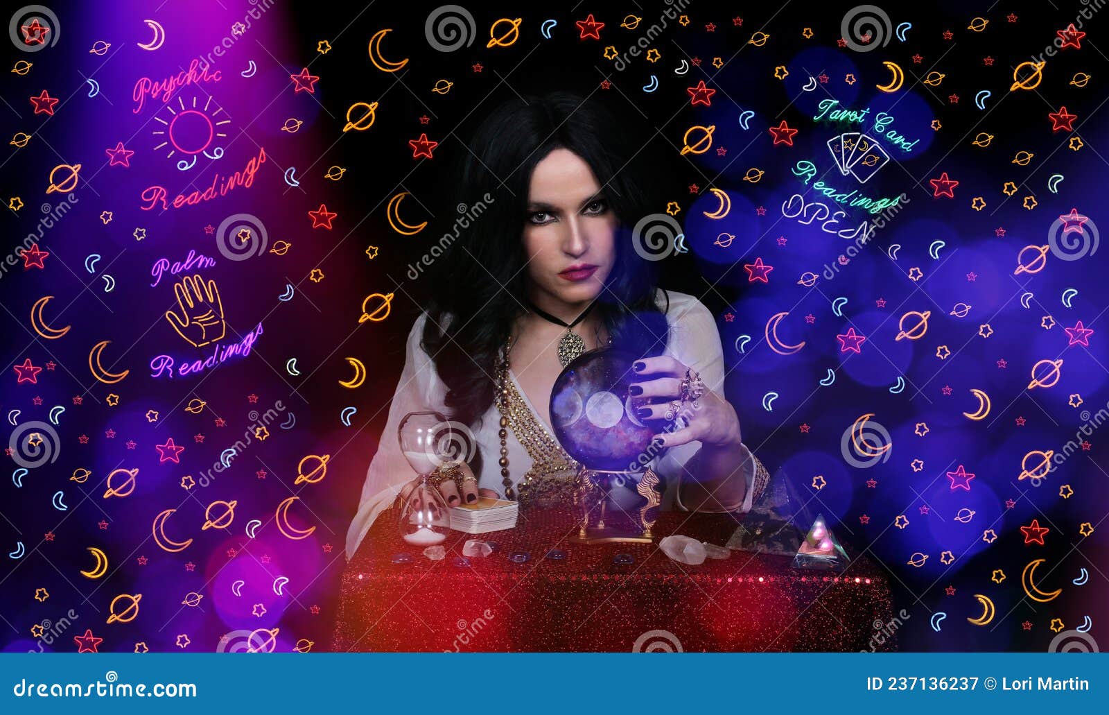 Psychic Tarot Card Reader with Neon Signs Stock Image - Image of adult ...