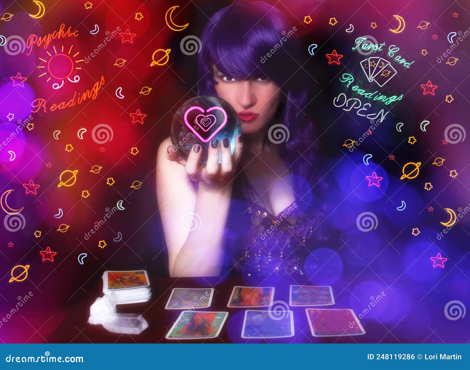 Psychic Tarot Card Reader with Neon Signs Stock Photo - Image of neon ...