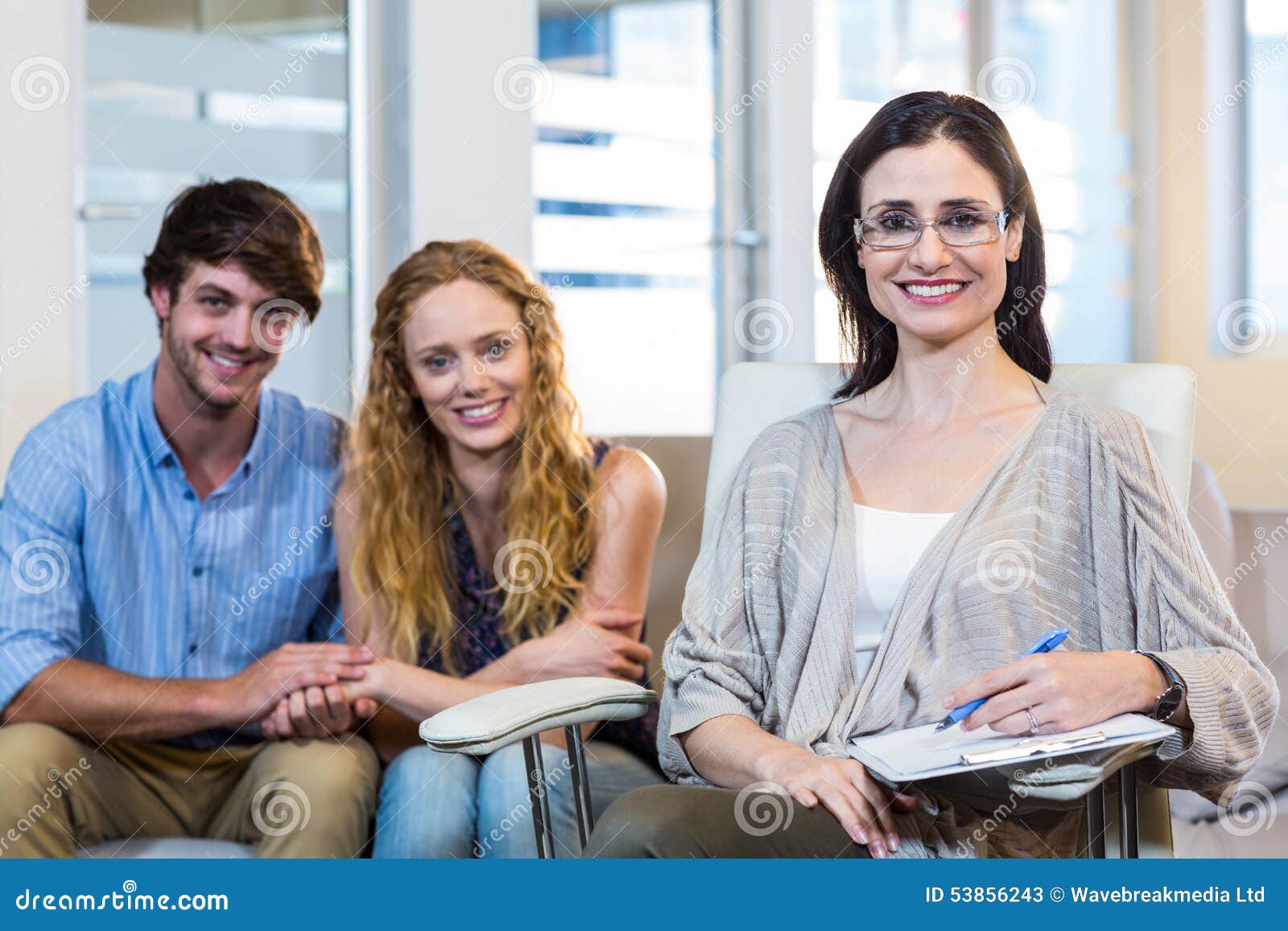 Psychologist and Happy Couple Smiling at Camera Stock Image - Image of ...