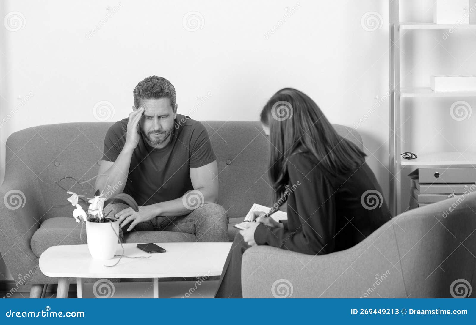 Psychologist Helping Young Man To Solve Men Problems. Depressed Middle ...