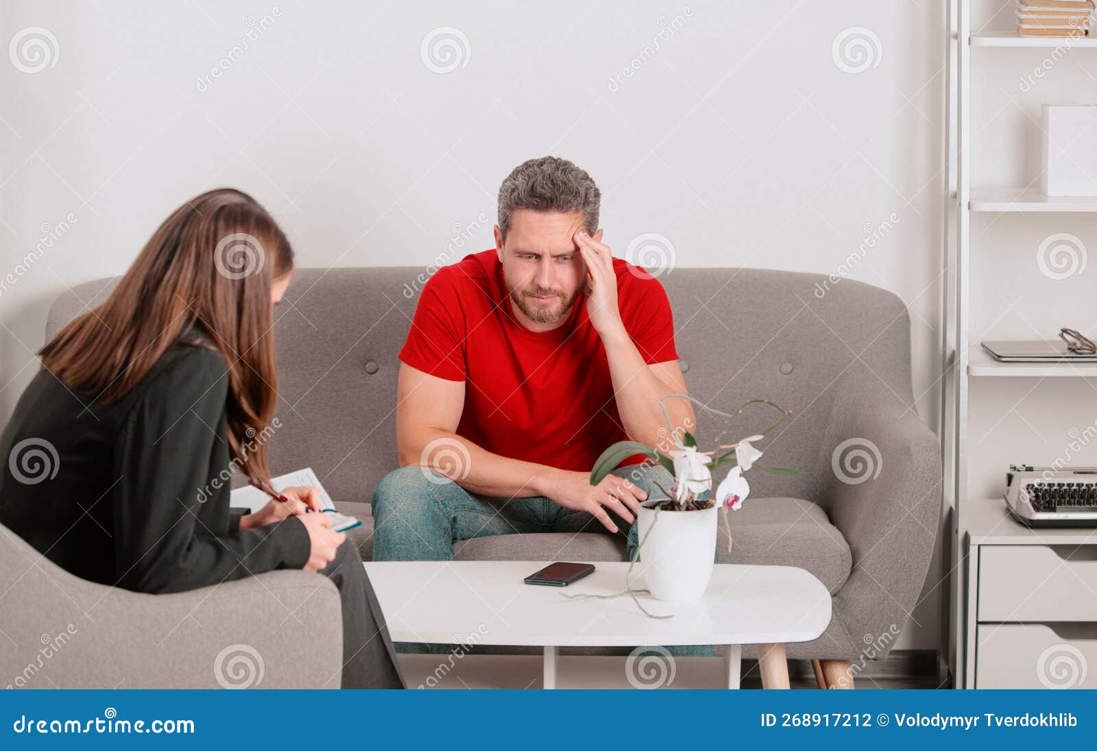 Psychologist Helping Young Man To Solve Men Problems. Depressed Middle ...