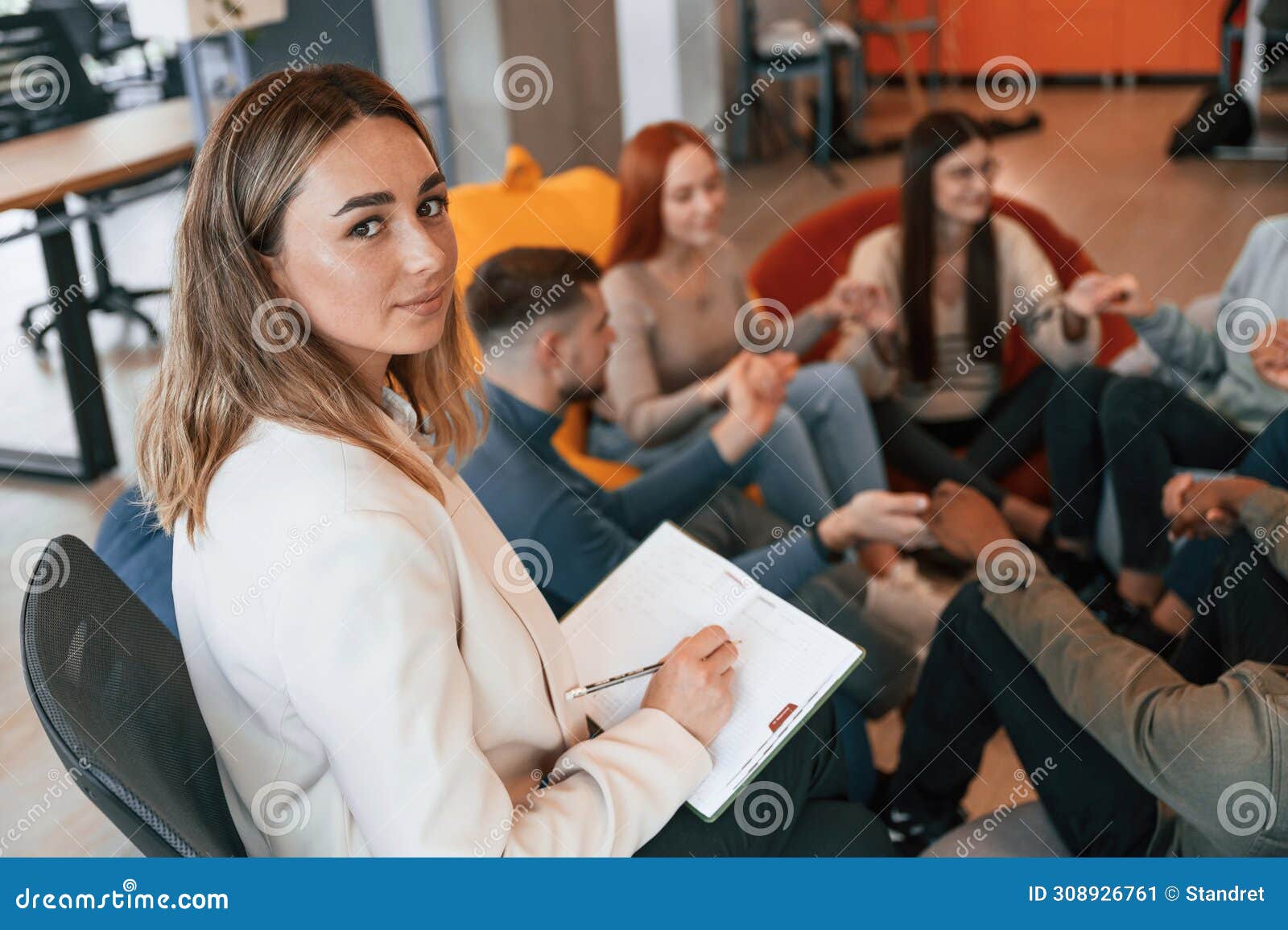 Psychologist is with Notepad. Group of People are Having Therapy ...