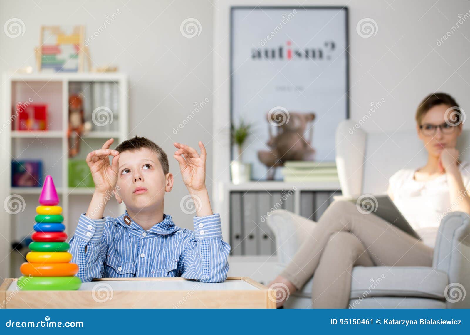 Psychologist Observing Autistic Boy Stock Image - Image of ...