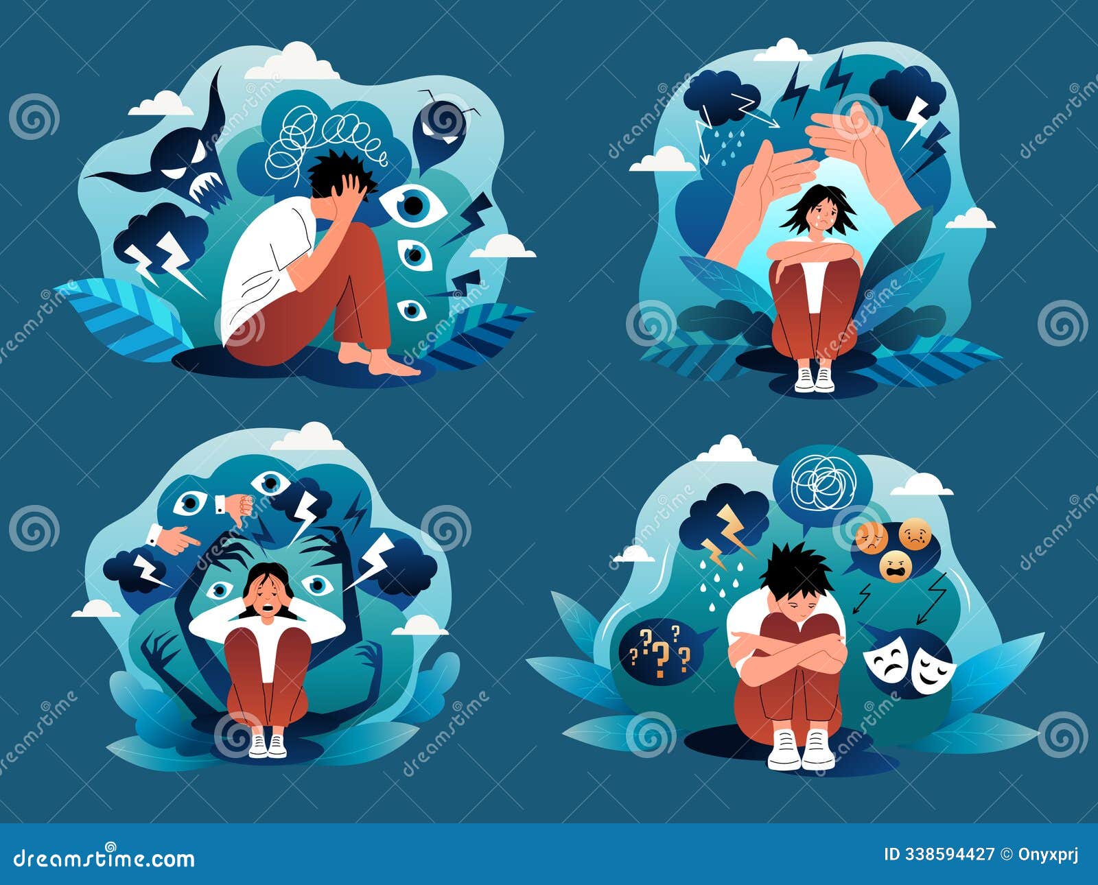Psychology Concepts. Flat Stylized Pictures Mental Problems of People ...