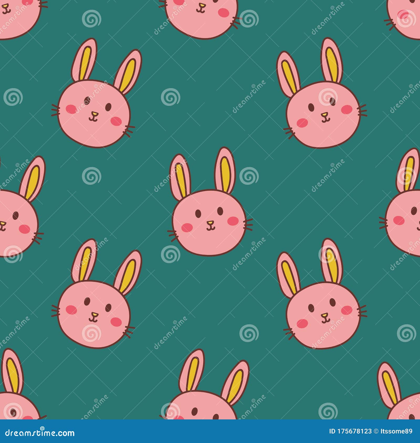 Cute Pink Bunny Seamless Pattern with Green Background Stock Vector ...