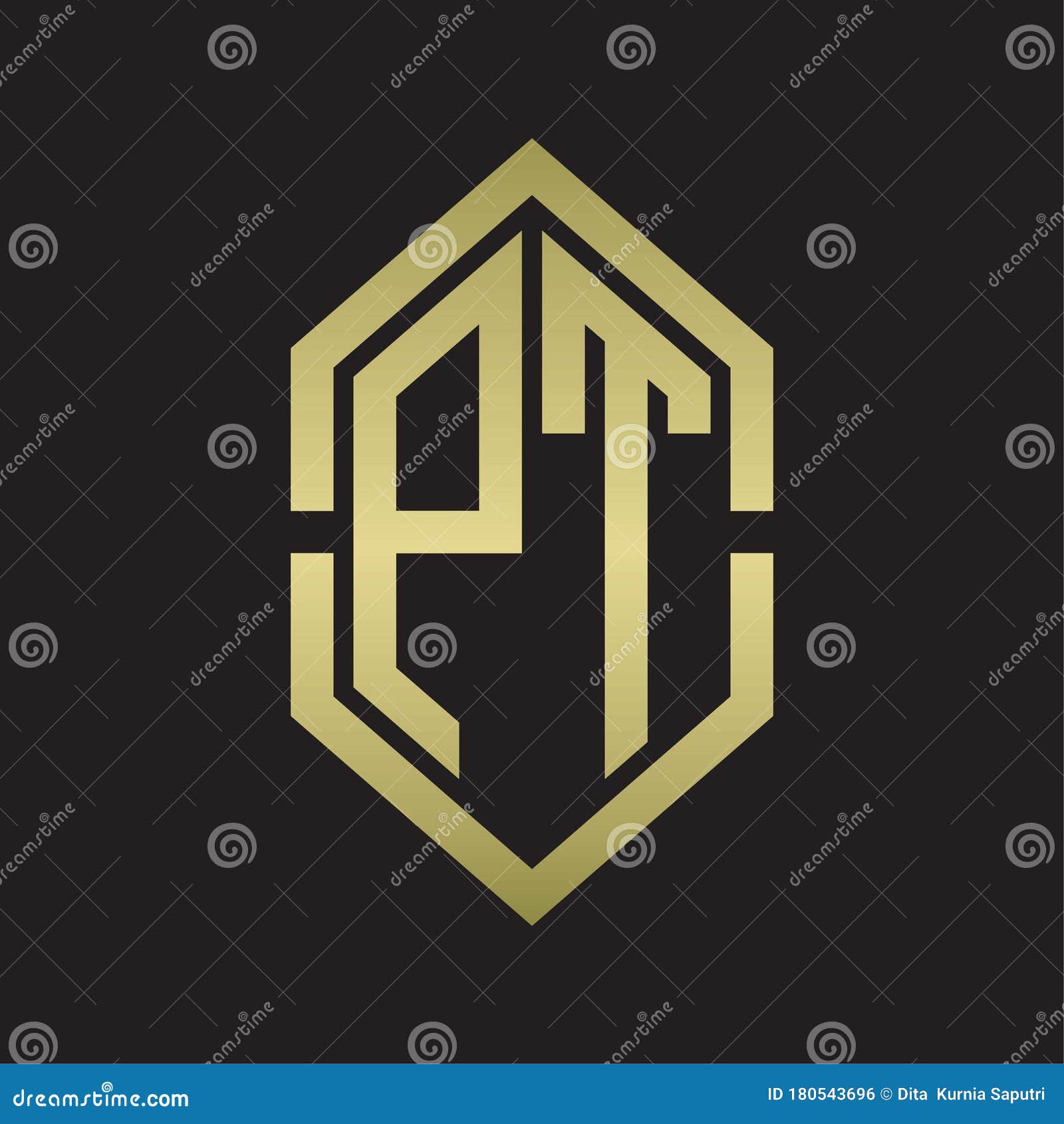 PT Logo Monogram with Hexagon Shape and Outline Slice Style with Gold ...
