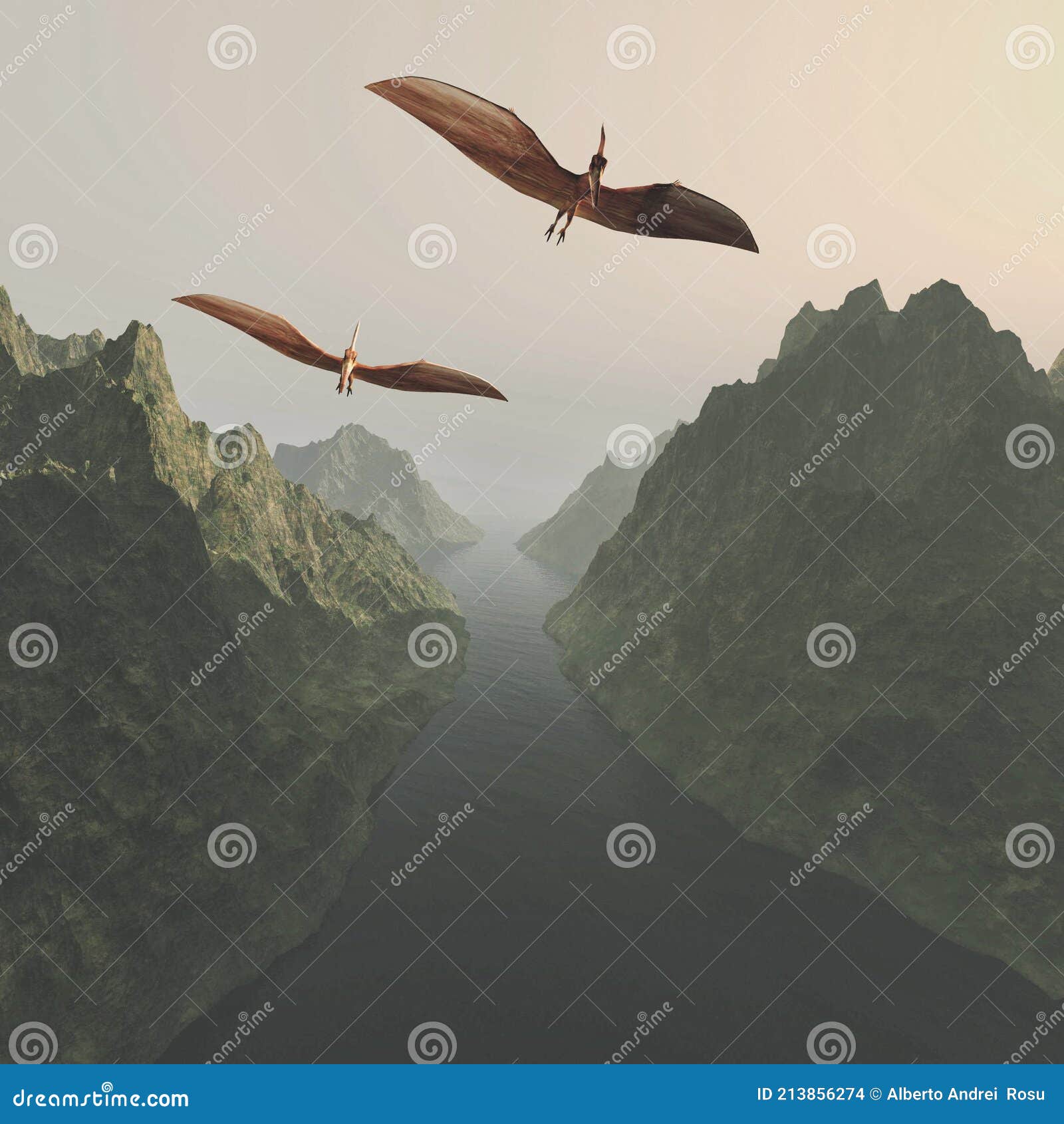 Pterodactyl Flying. Pterodactyl Flying Above Lake and Mountains Stock ...