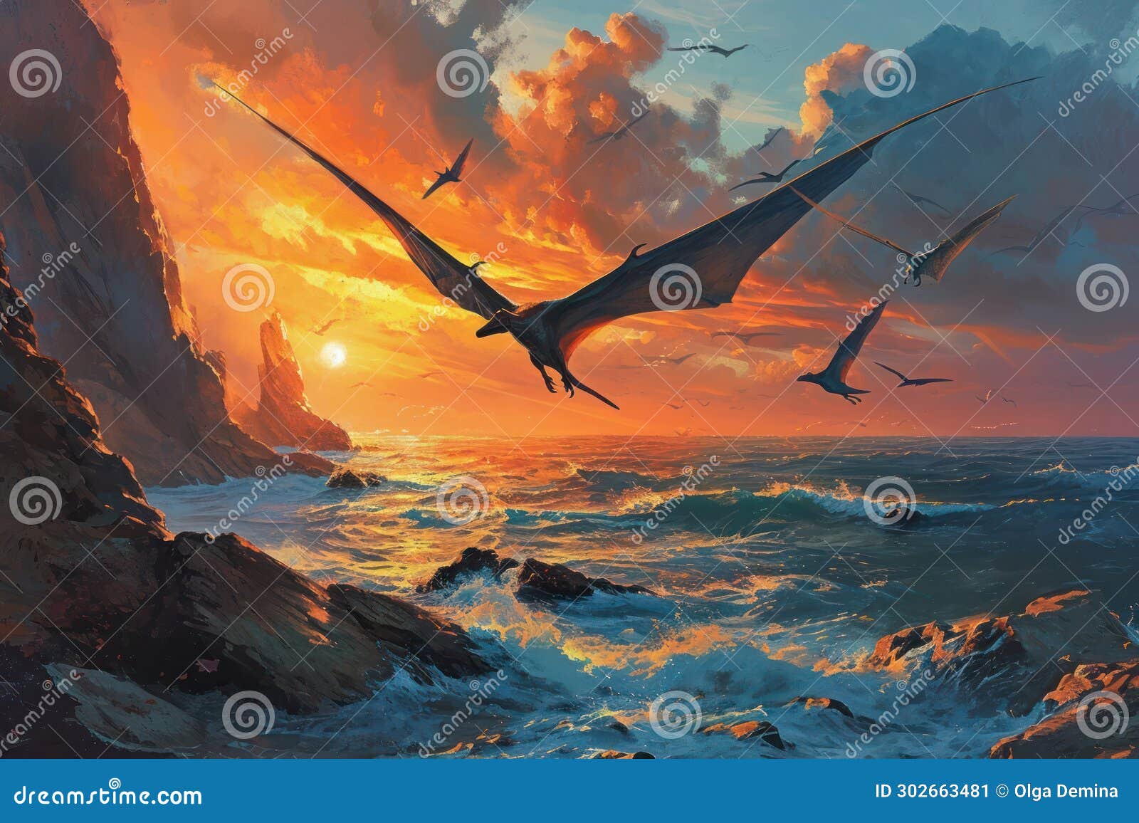 Pterosaurs Soaring Against Sunset Sky, Ocean Waves Crashing Against ...