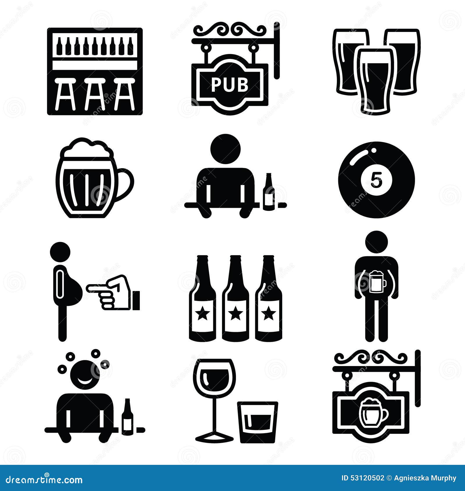 Pub, Drinking Alcohol, Beer Belly Icons Set Stock Illustration ...