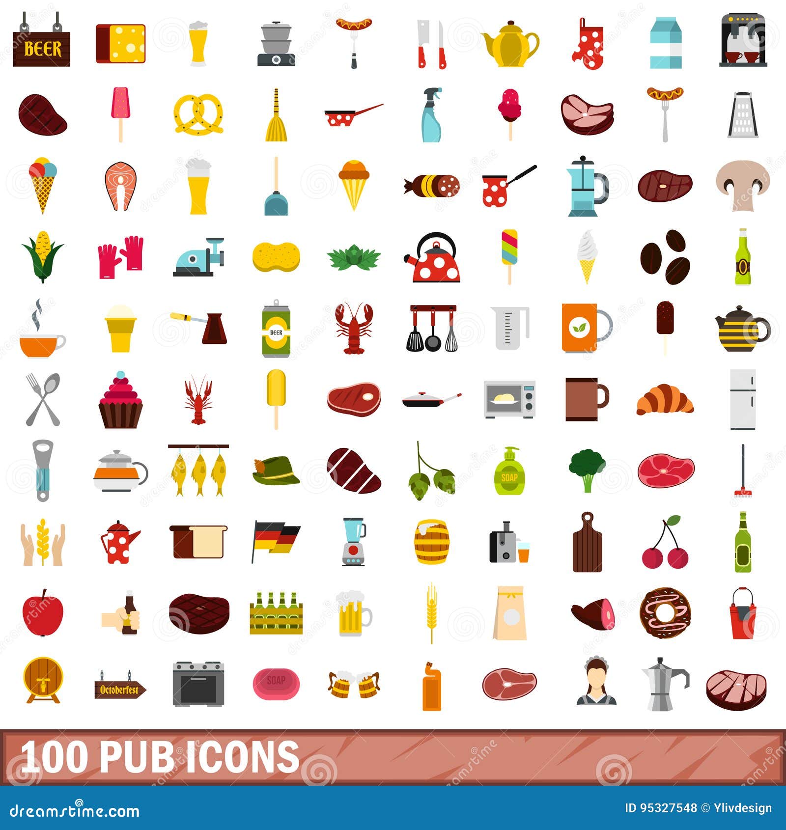 100 Pub Icons Set, Flat Style Stock Vector - Illustration of meat, fork ...