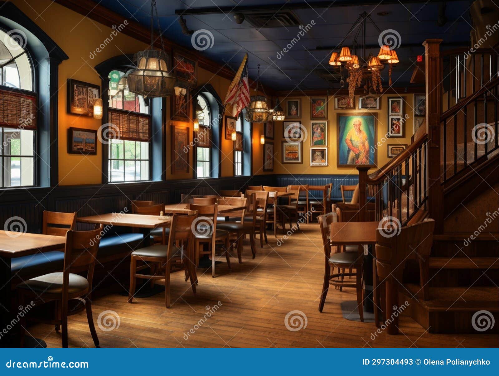Pub Interior with Chairs and Tables, Paintings on the Wall Stock ...