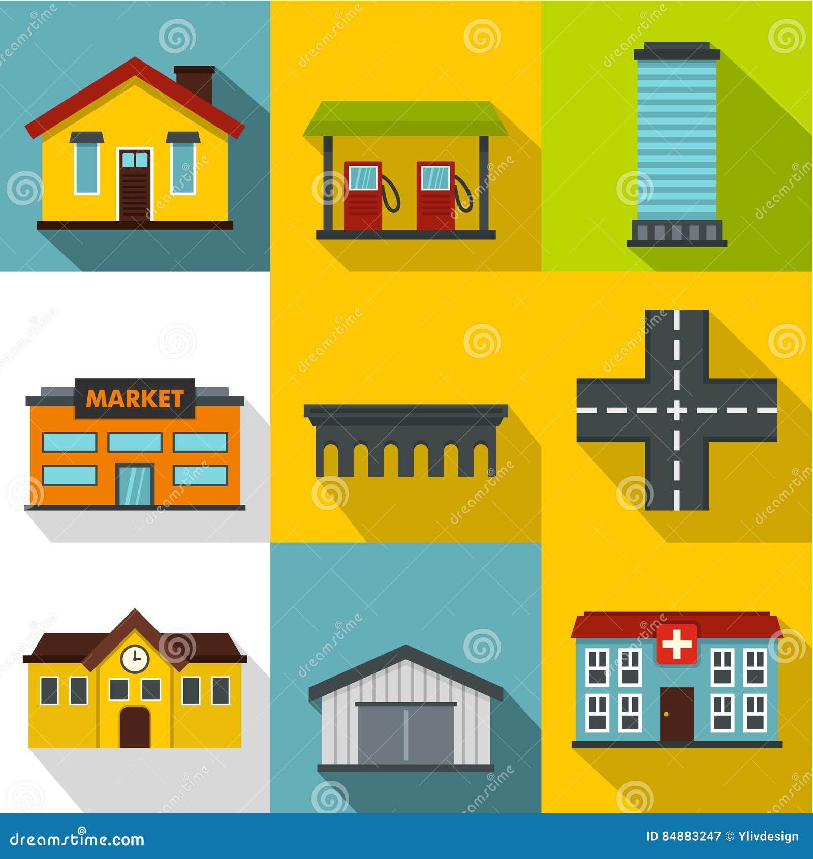 Public Building Icons Set, Flat Style Stock Vector - Illustration of ...