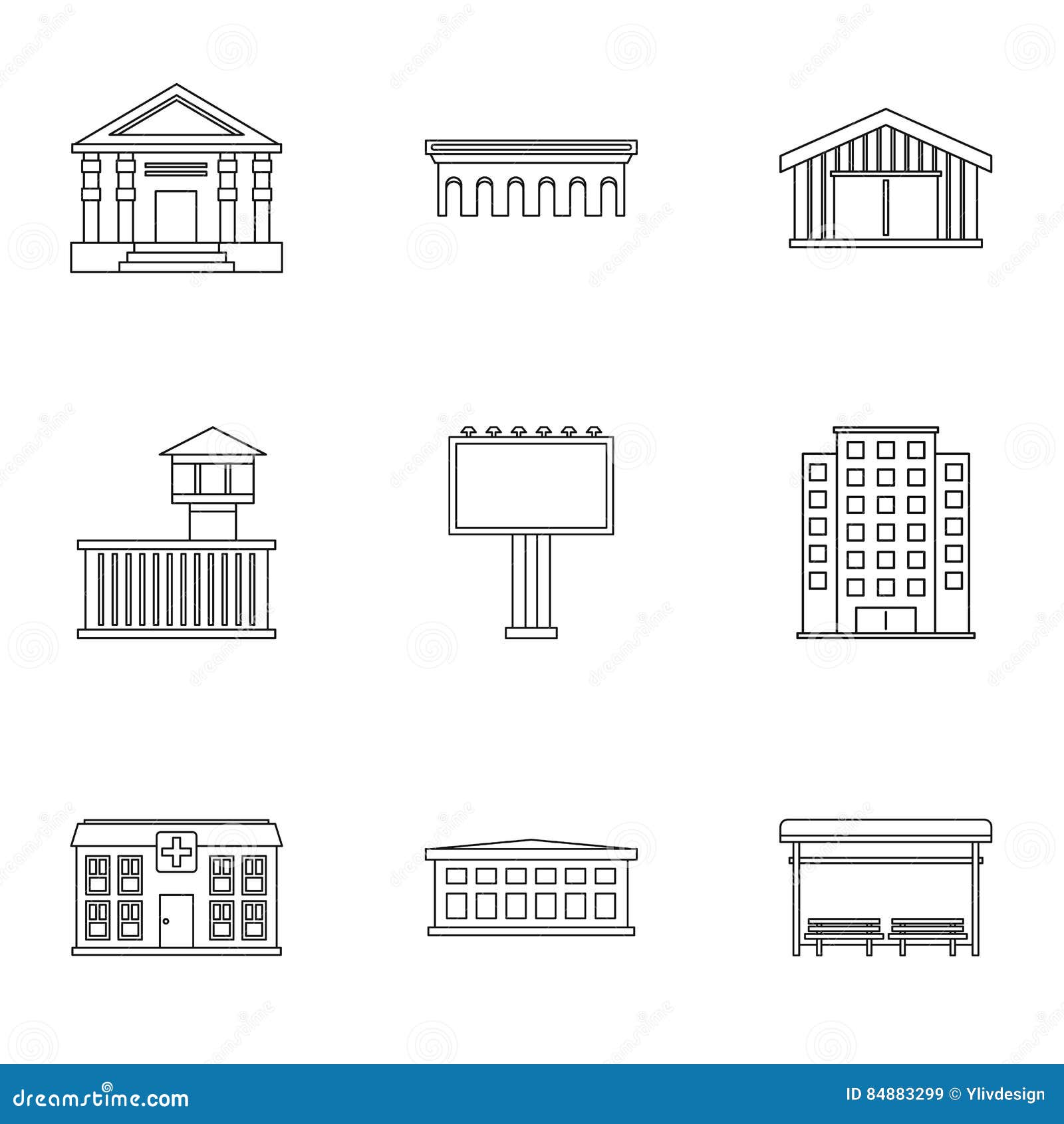 Public Building Icons Set, Outline Style Stock Vector - Illustration of ...