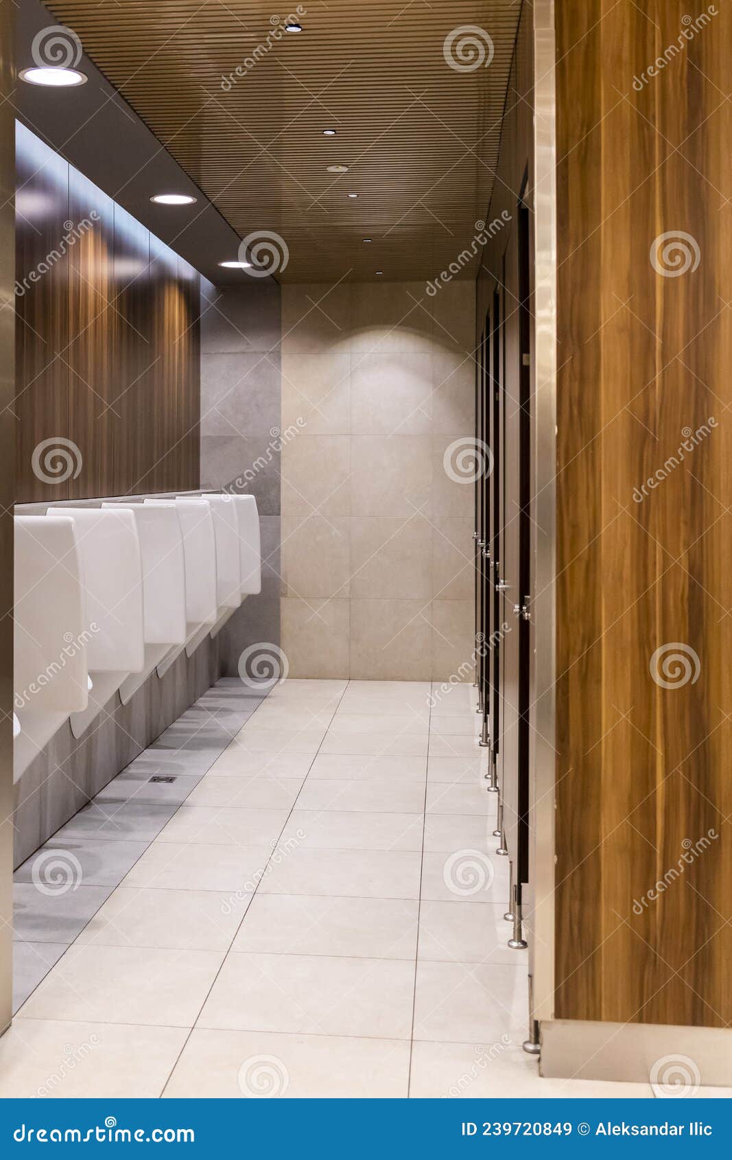 Public Empty Mens Restroom with Urinals and Cabins Stock Image - Image ...