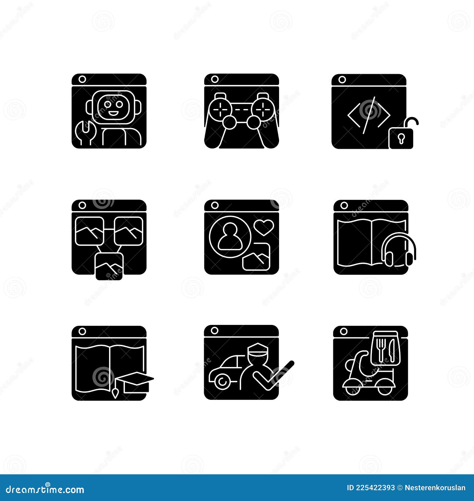 Public-facing Internet Applications Black Glyph Icons Set on White ...