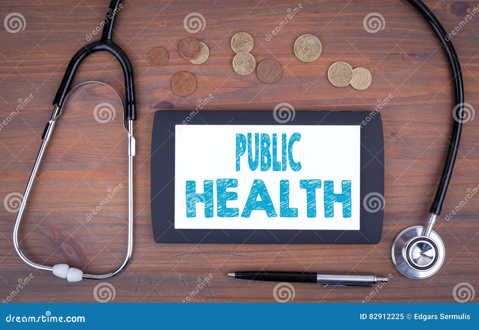 Public Health. Tablet Device on a Wooden Table Stock Image - Image of ...