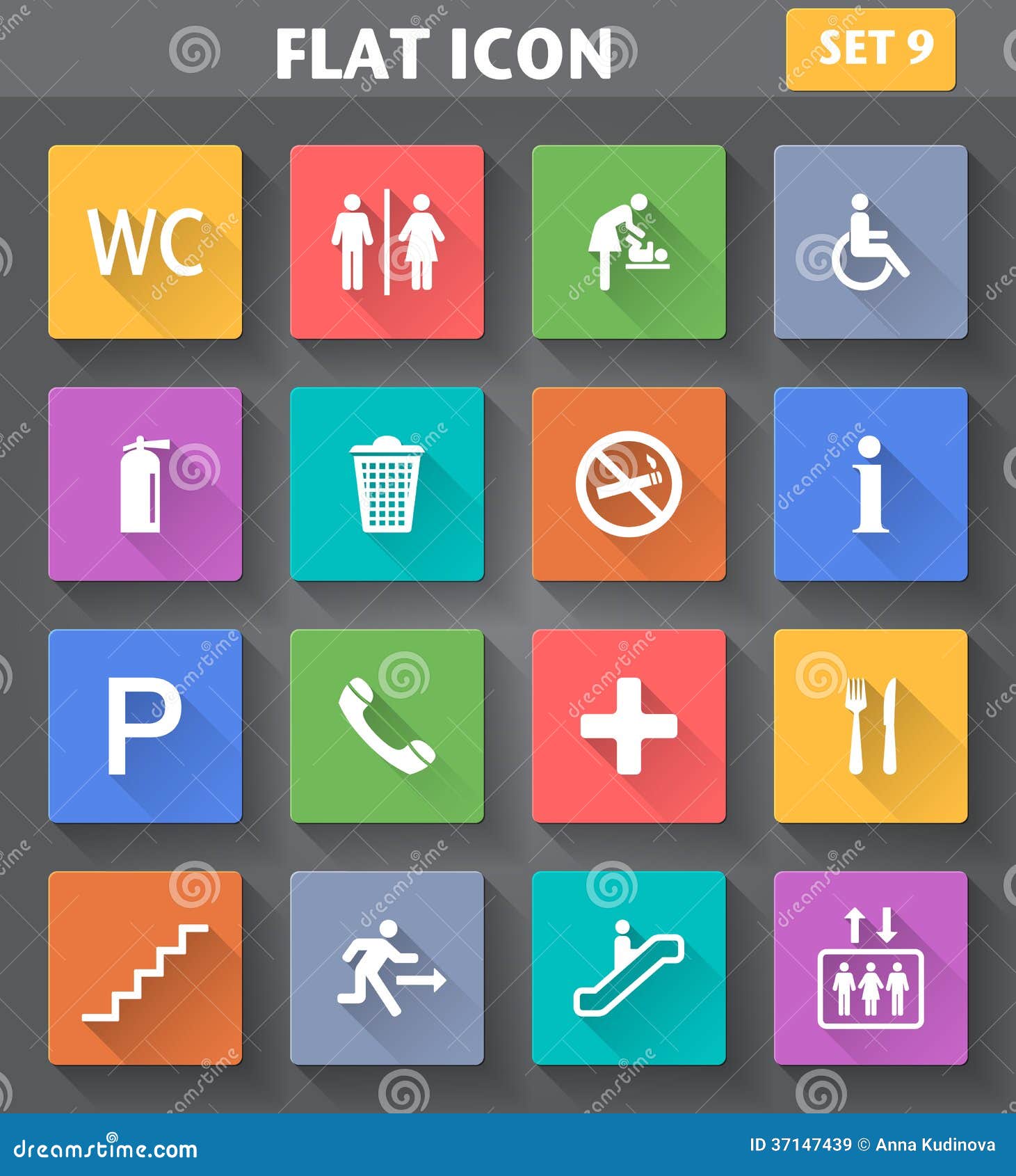 Public Icons Set in Flat Style with Long Shadows. Stock Vector ...