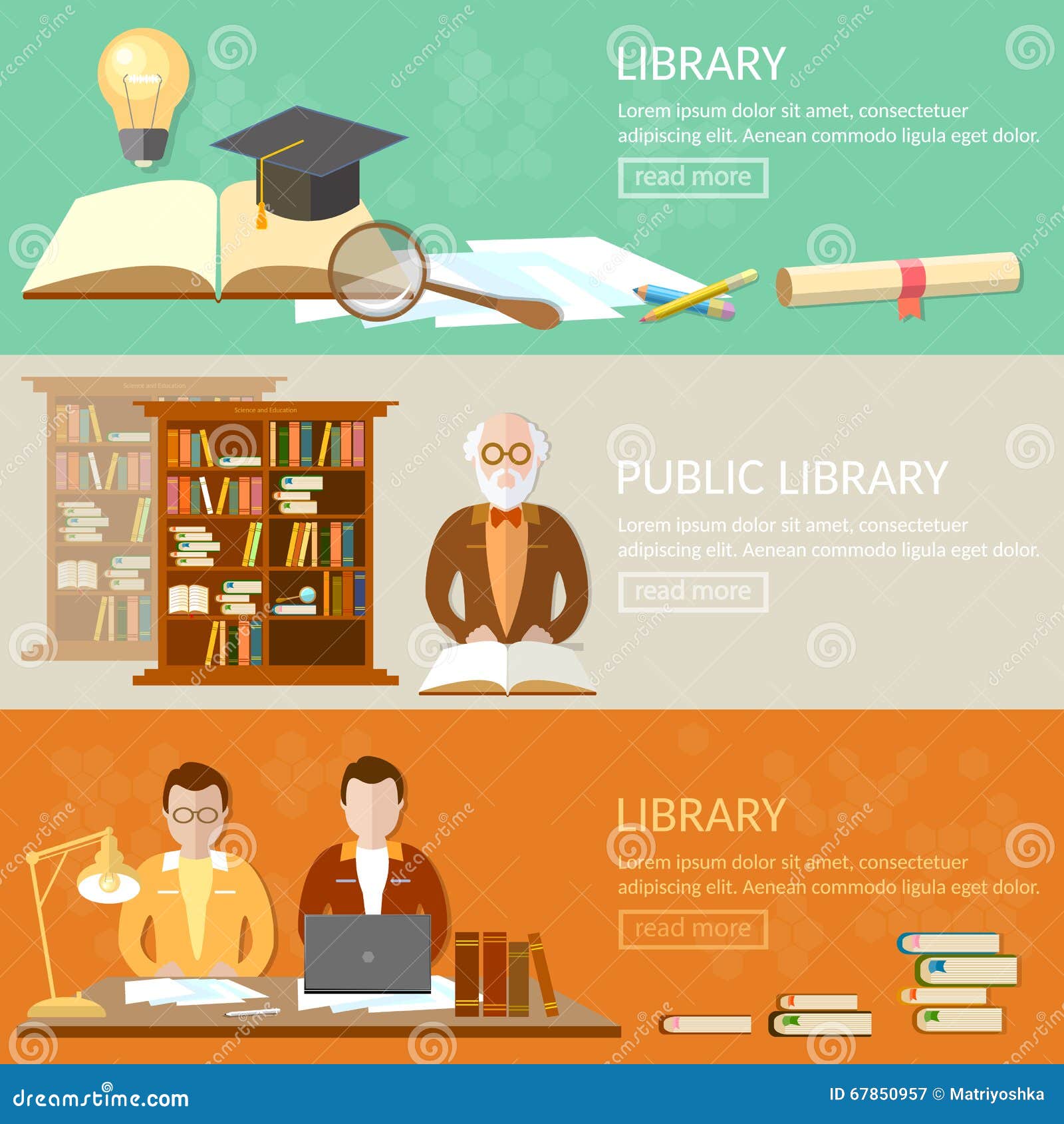 Public Library Education Banners Students Reading Books Stock Vector ...