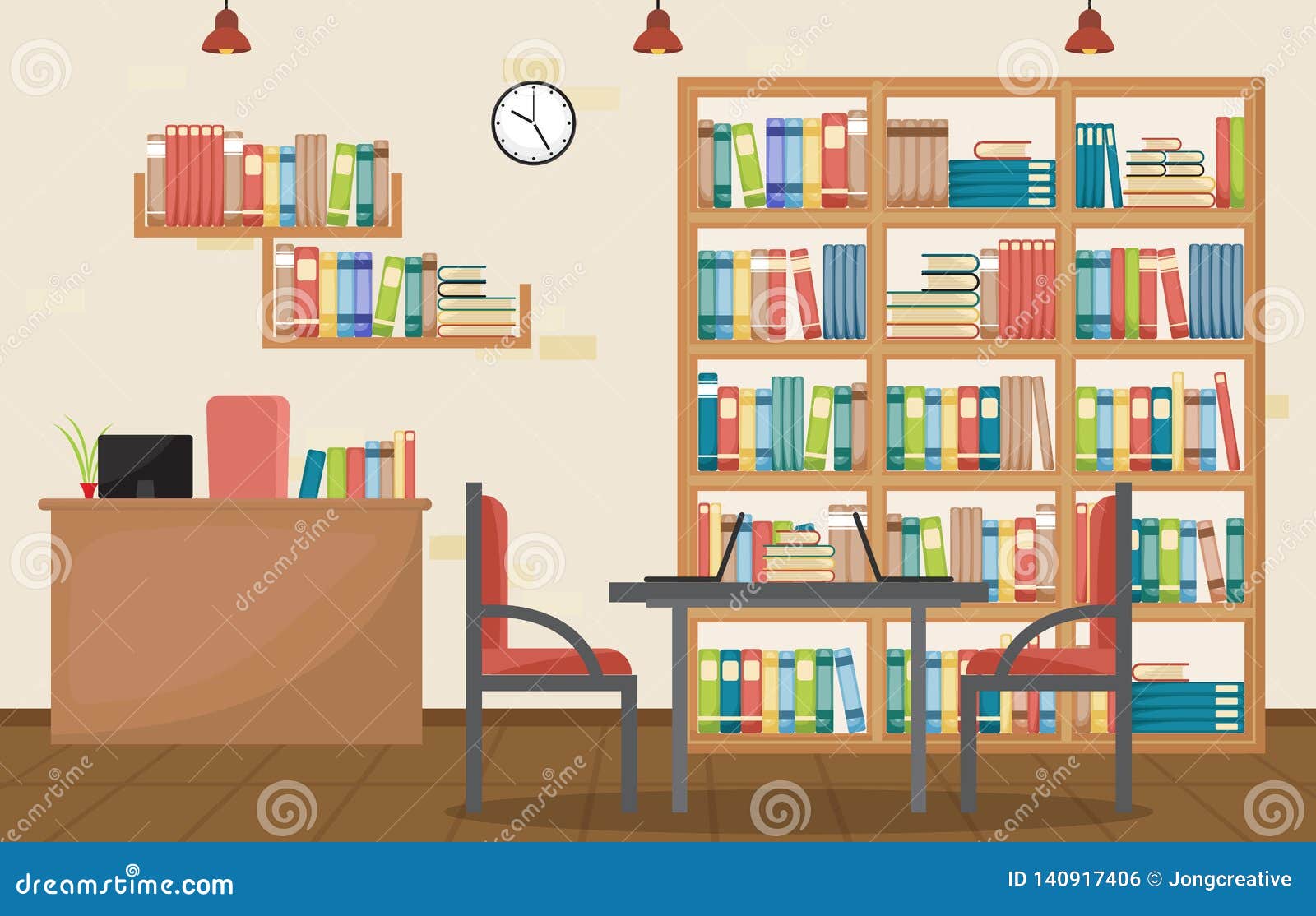 Public Library Interior Stack of Book on Bookshelf Flat Design Stock ...
