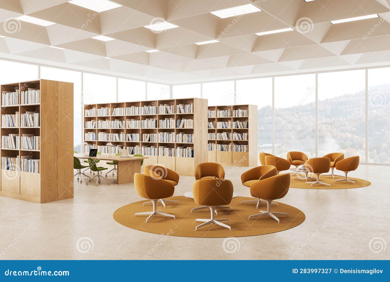 Two Rows Of Bookcases In Public Library With Panoramic Window Royalty ...