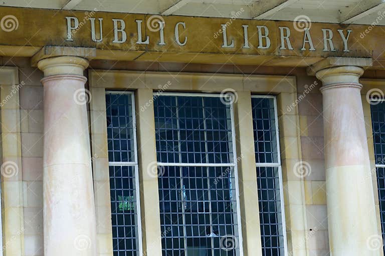 Public Library Sign with Pillars Stock Photo - Image of knowledge ...