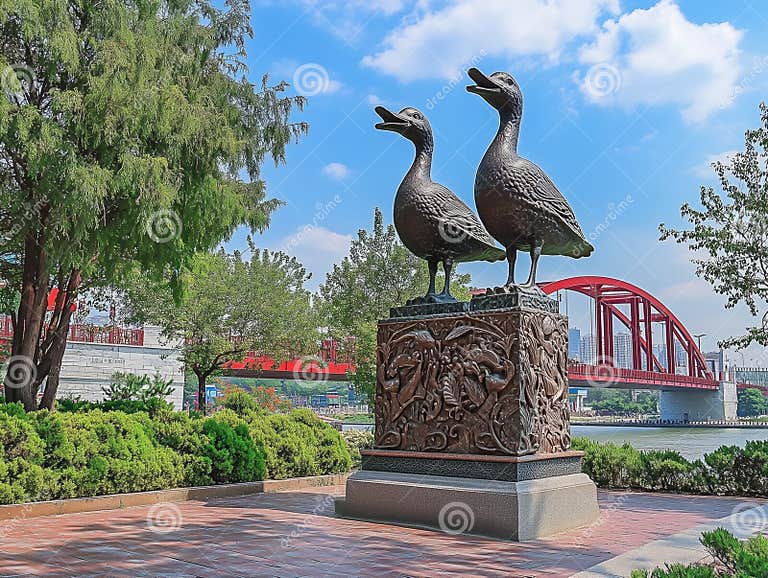 A Public Monument Featuring Two Large Statues of Ducks Stock ...