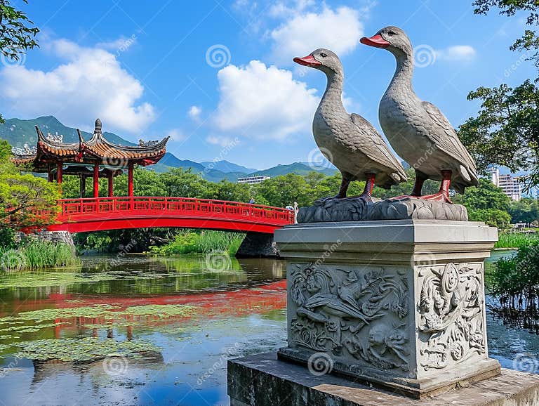 A Public Monument Featuring Two Large Statues of Ducks Stock ...