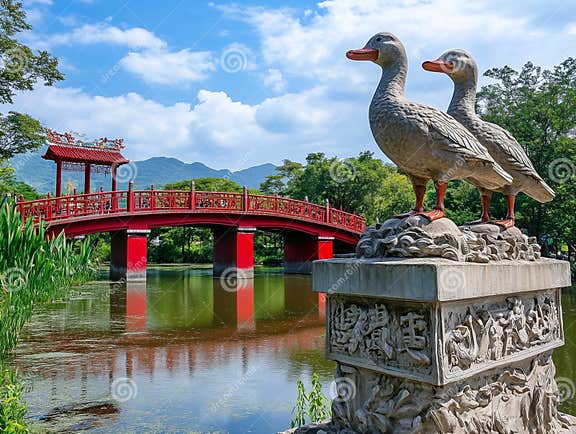 A Public Monument Featuring Two Large Statues of Ducks Stock ...