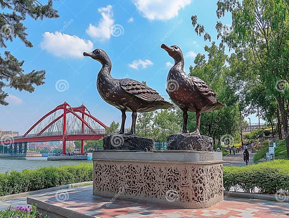 A Public Monument Featuring Two Large Statues of Ducks Stock ...