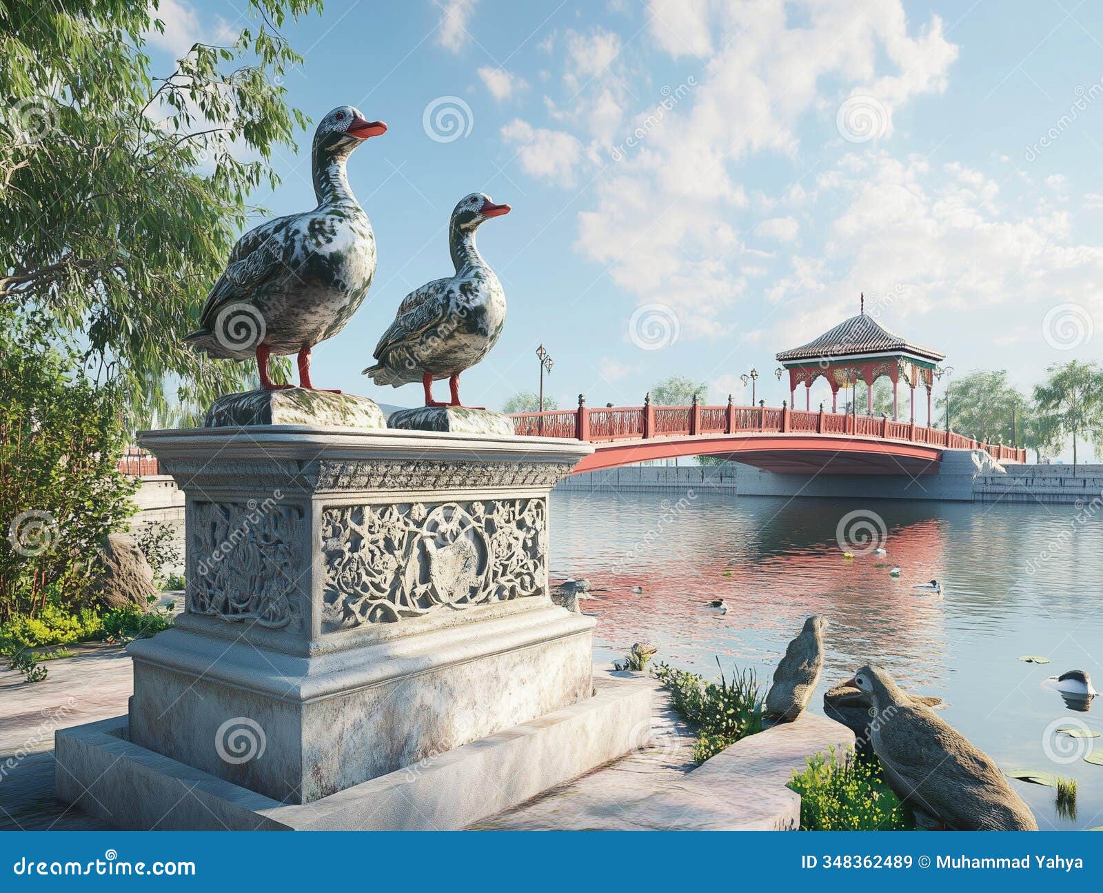A Public Monument Featuring Two Large Statues of Ducks Stock ...