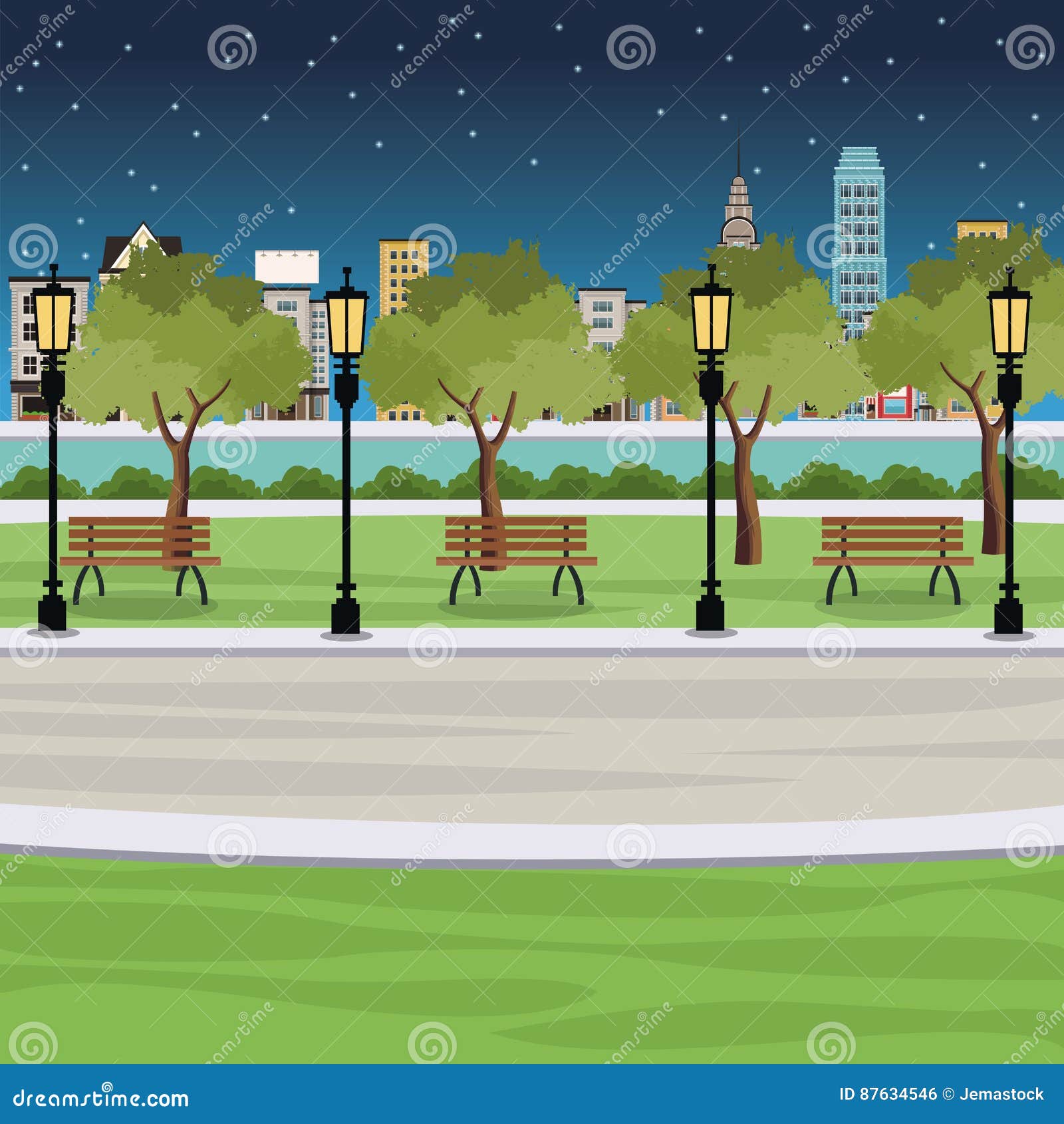 Public Park Bench Post Light River City View Night Stock Illustration ...