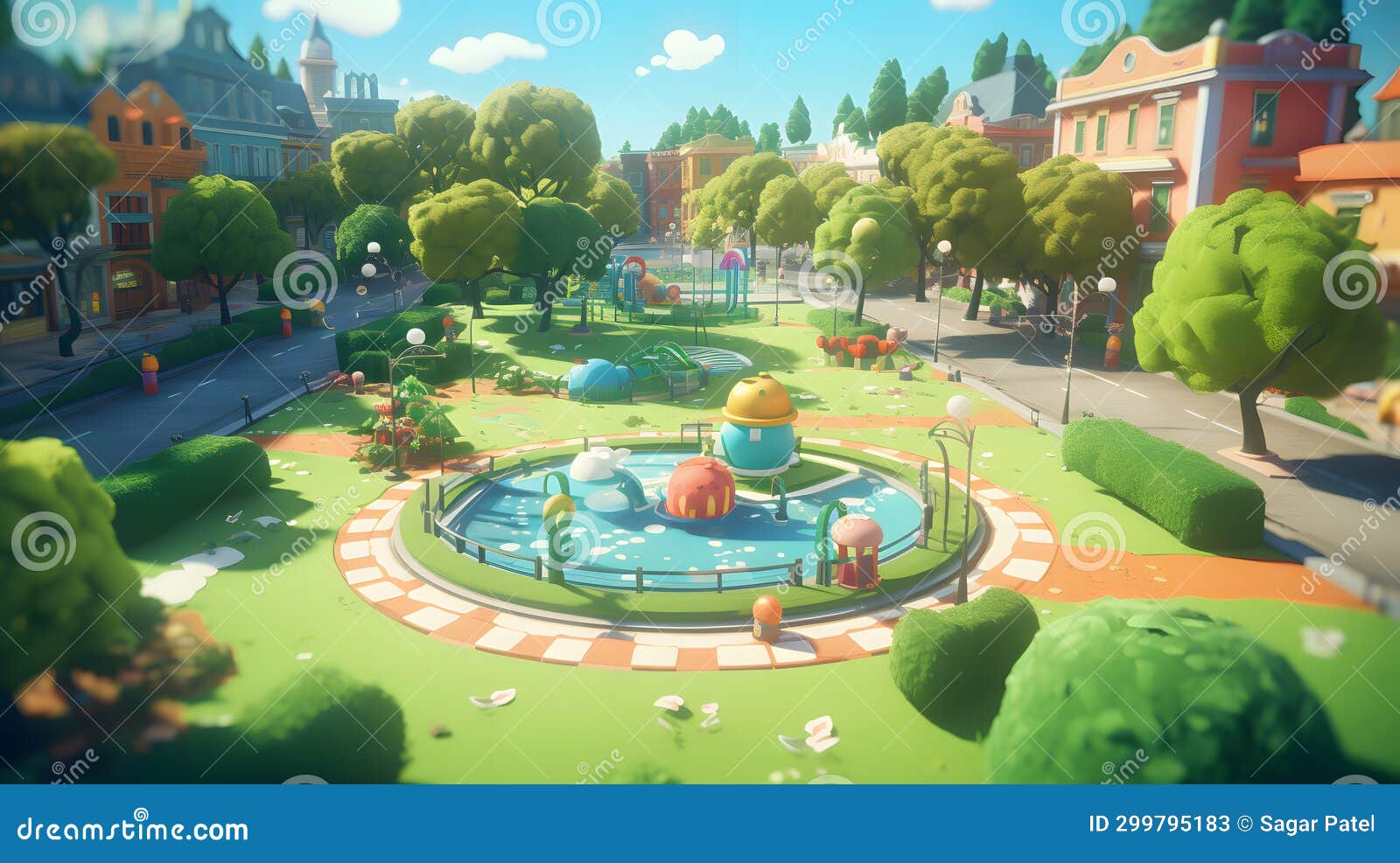 Public Park 3d Cartoon Style Stock Illustration - Illustration of tree ...