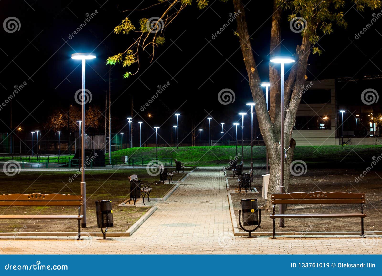 Public Park Infrastructure, Night Lighting Stock Image - Image of night ...