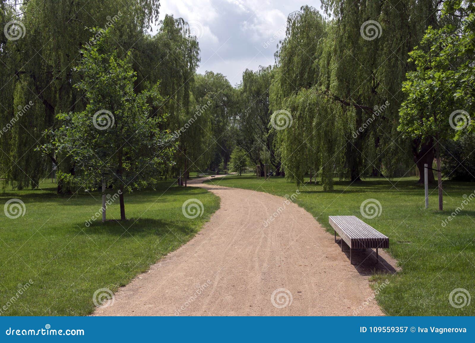 Public Park in Summer Time, Greenery, Path Throw and Bench, Sunny, Blue ...