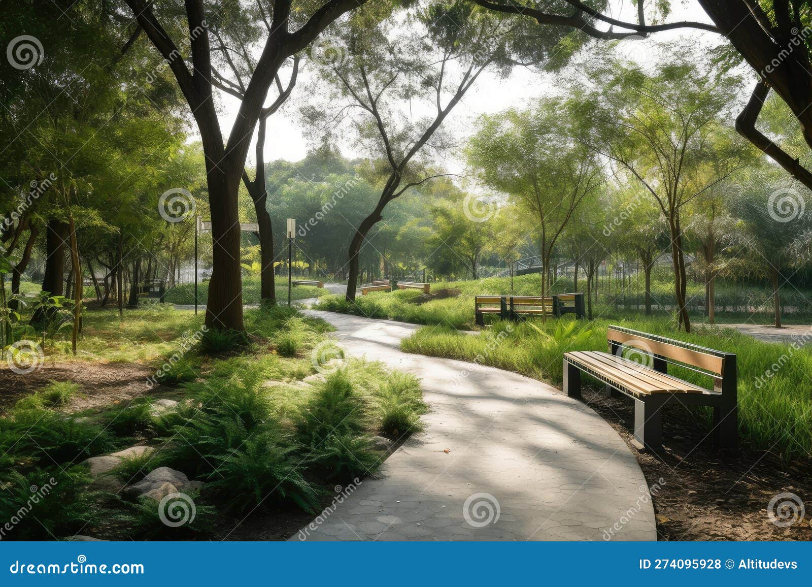 Public Park with Walking Path and Benches, Surrounded by Natural ...