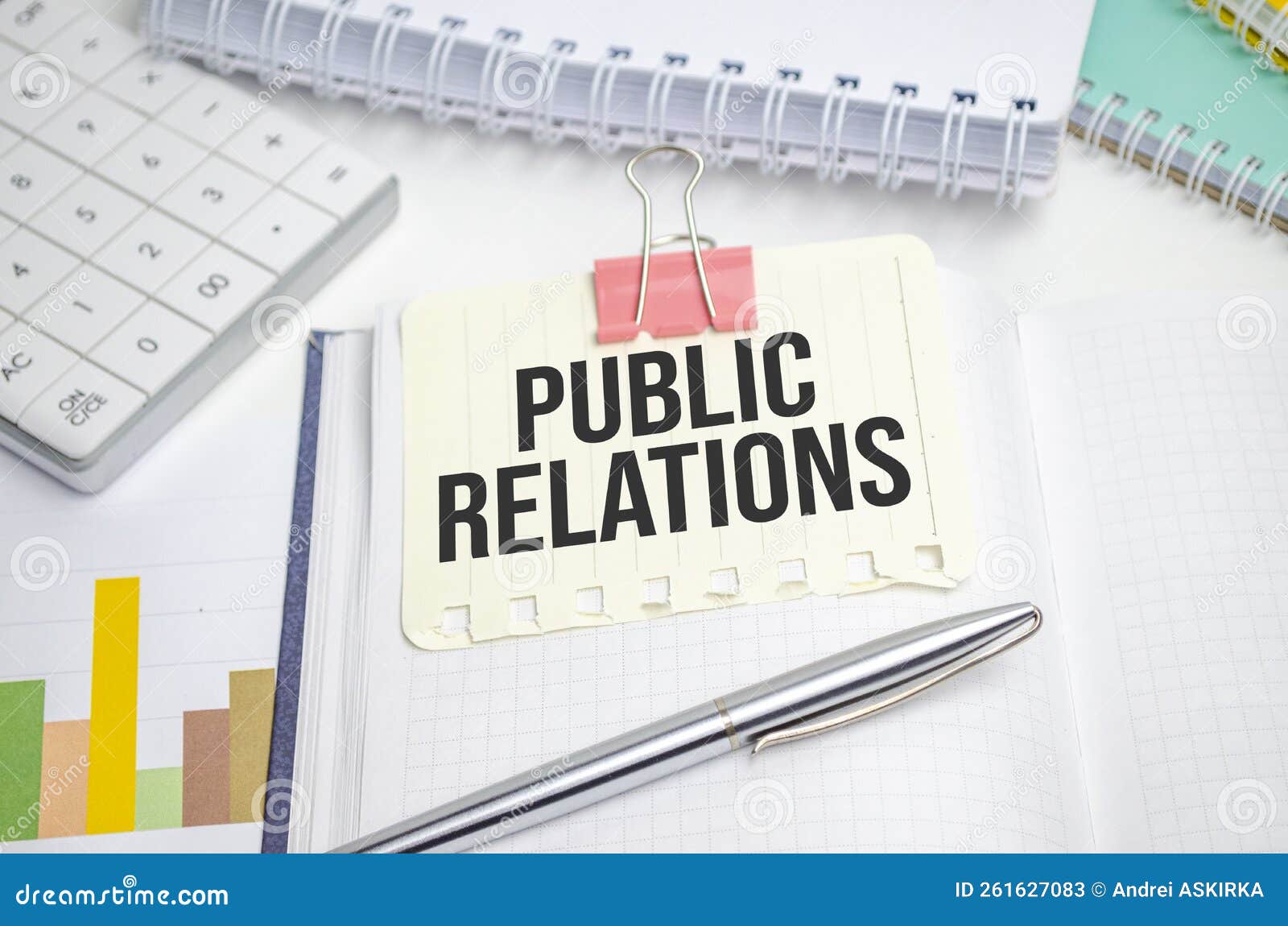 Public Relations Words on Yellow Sticker with Pen and Calculator Stock ...