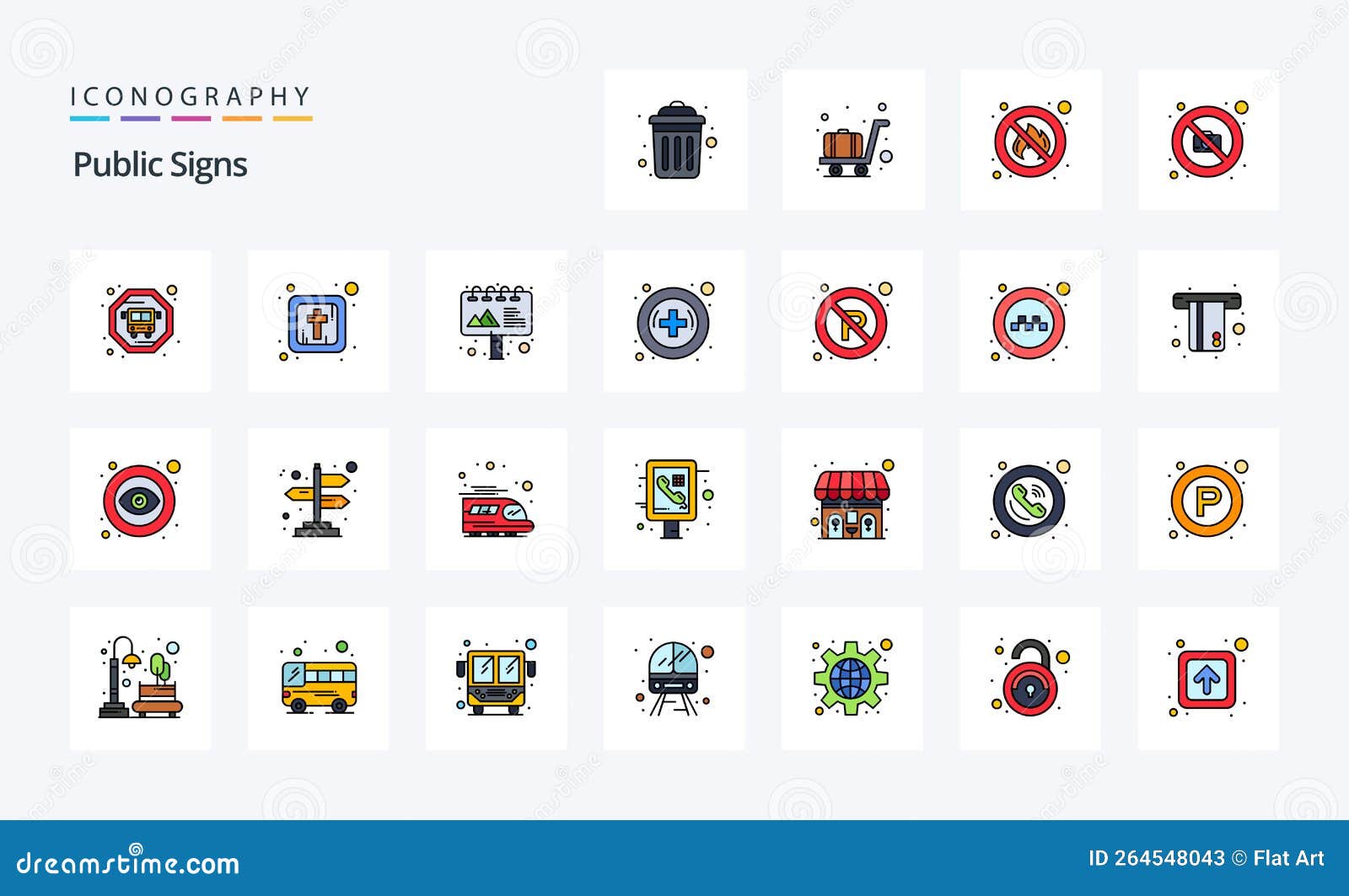 25 Public Signs Line Filled Style Icon Pack Stock Vector - Illustration ...