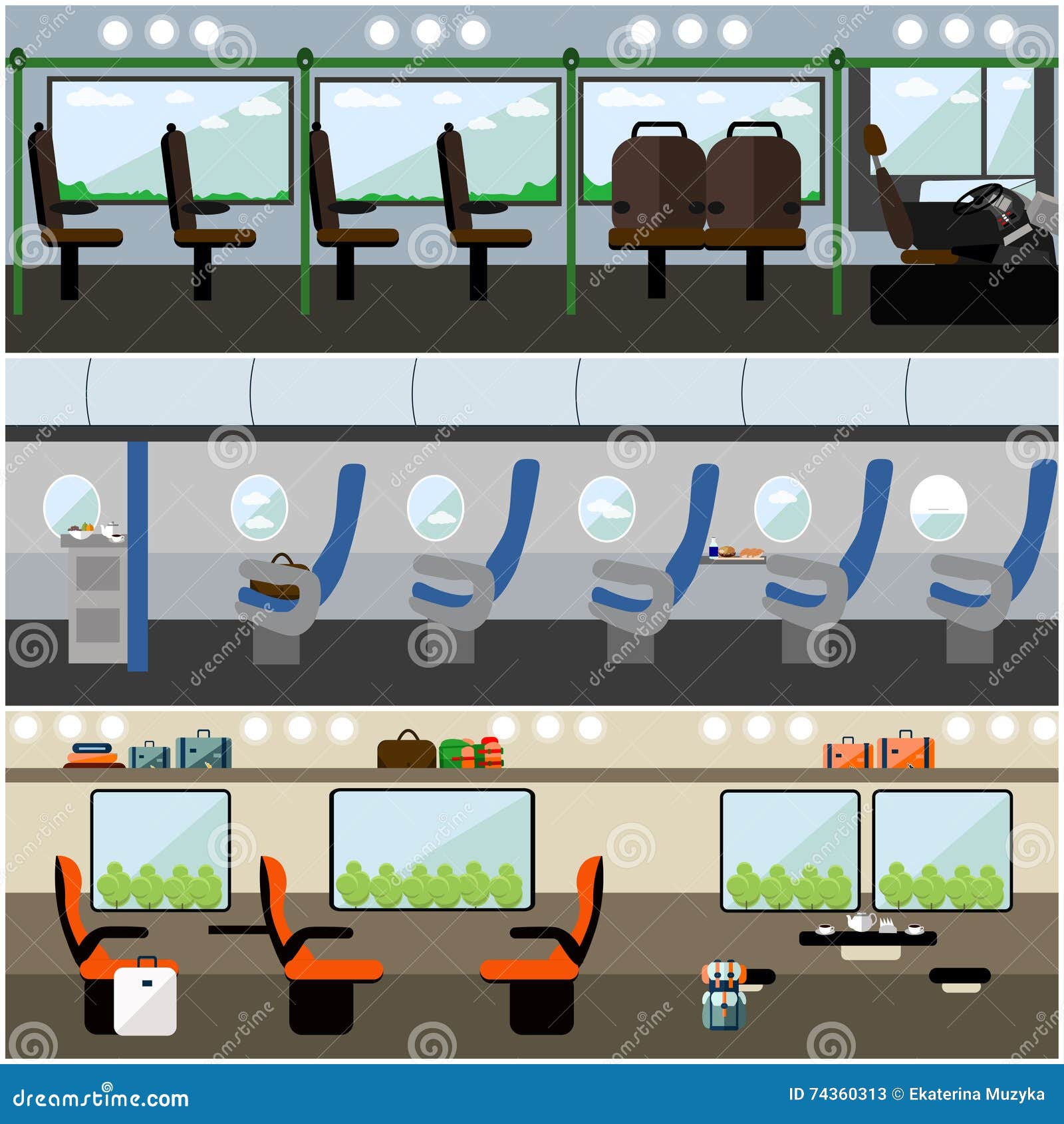 Public Transport Interior Concept Vector Banners Set. Bus, Train and ...