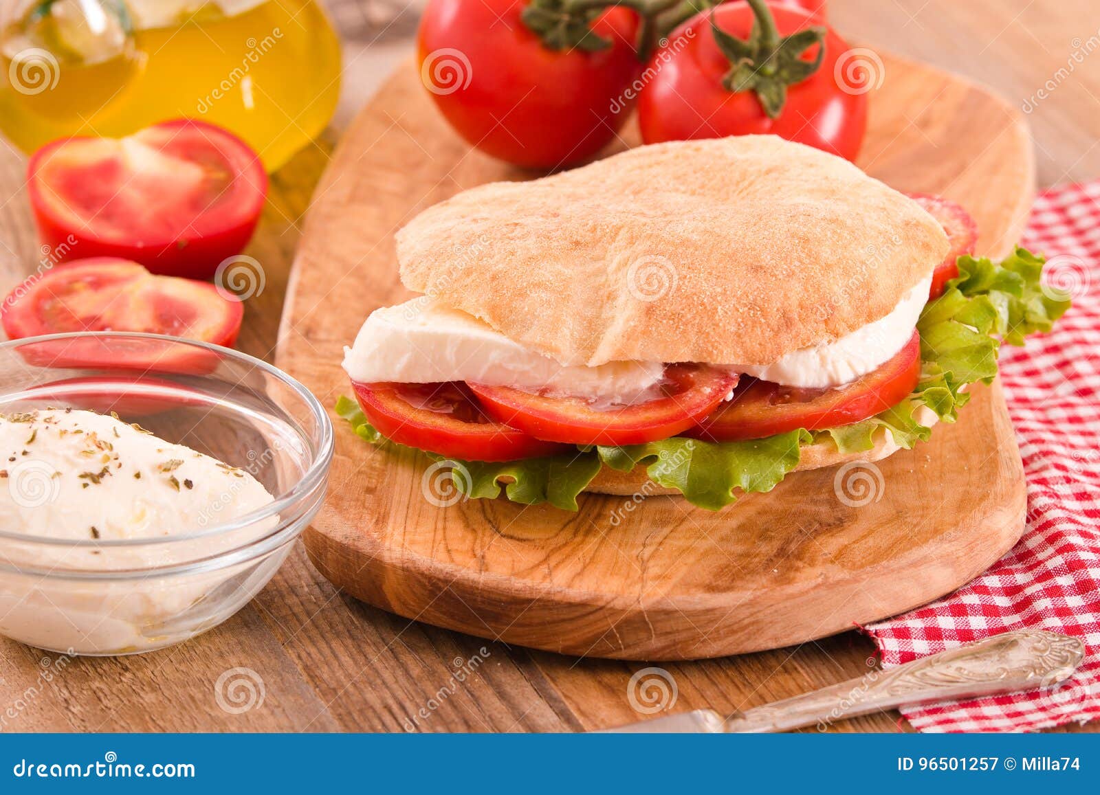 Puccia Bread with Mozzarella and Tomato. Stock Image - Image of ...