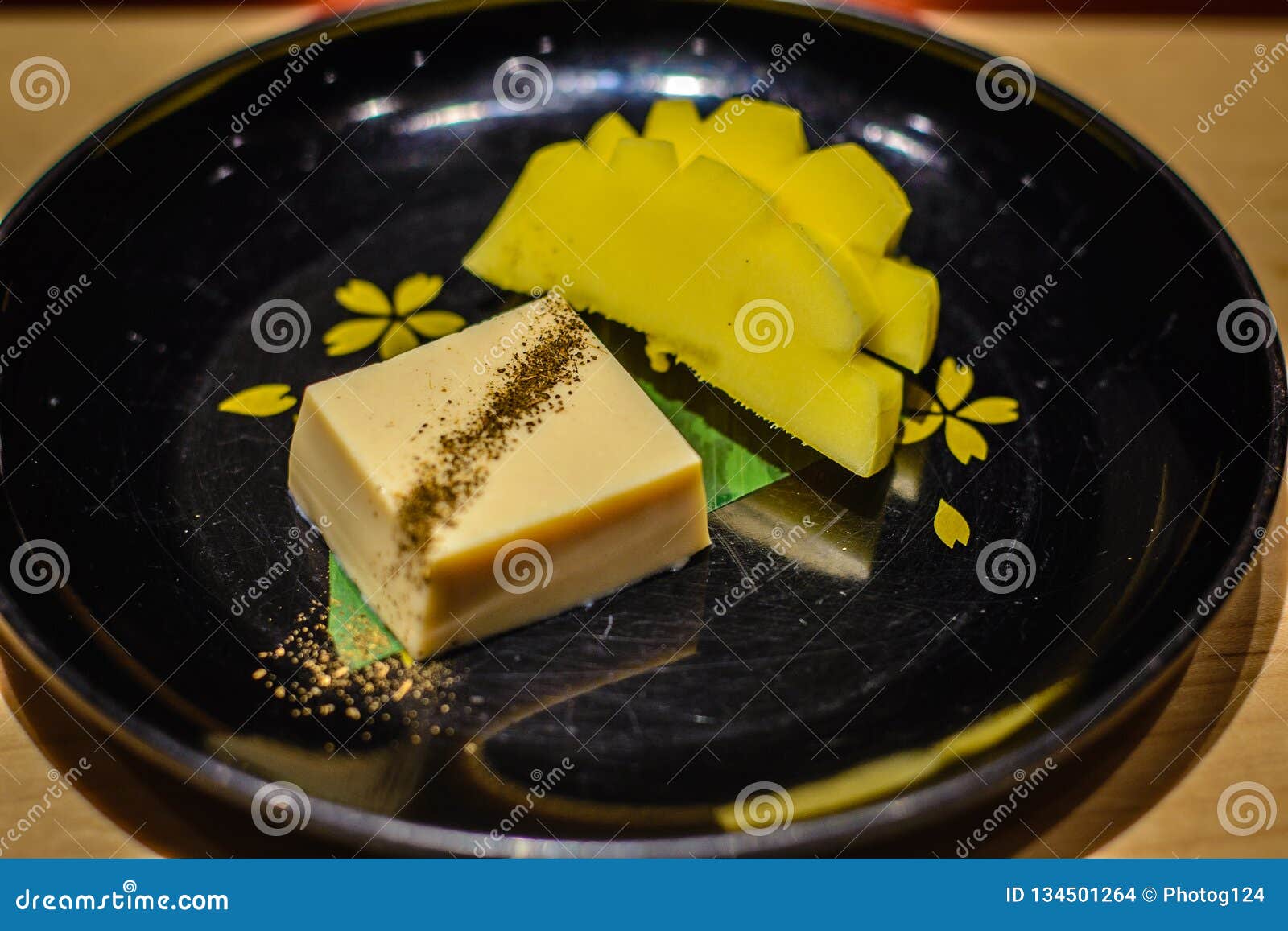 Pudding Custard with Cinnamon and Japanese Mango Stock Photo - Image of ...