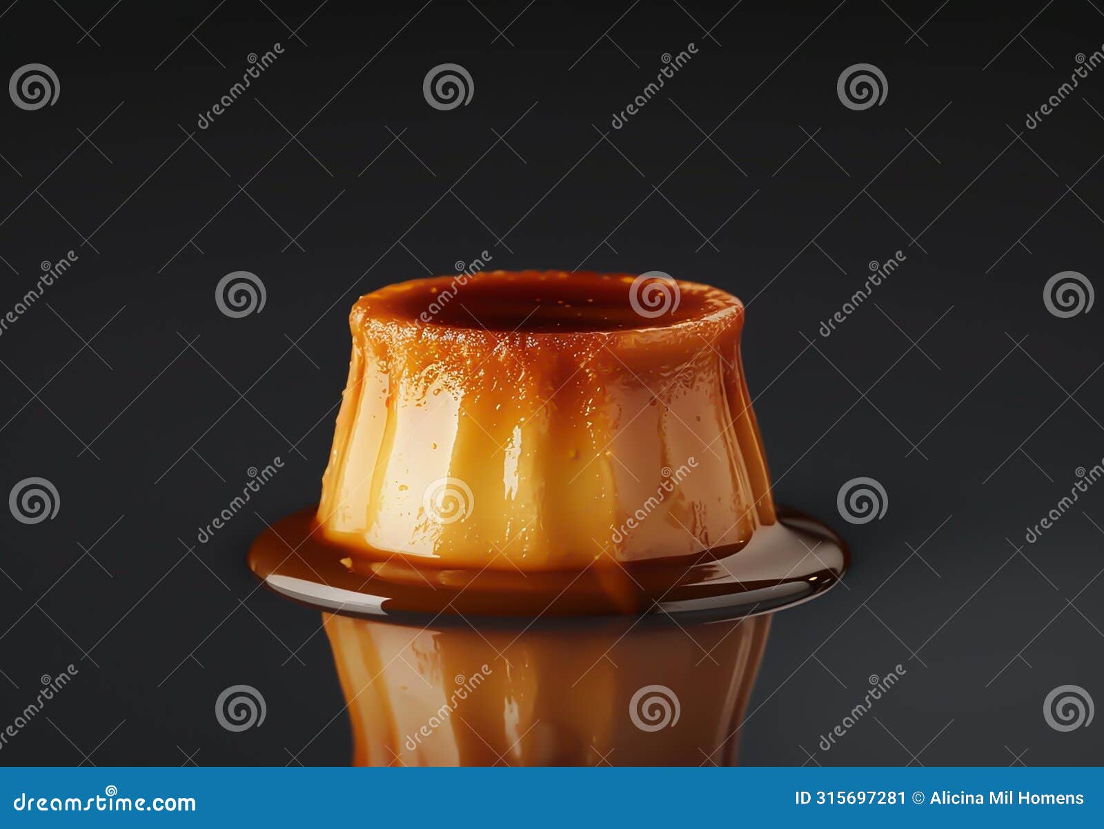 Pudding Flan on a Reflective Surface Minimalist Black Background Stock ...