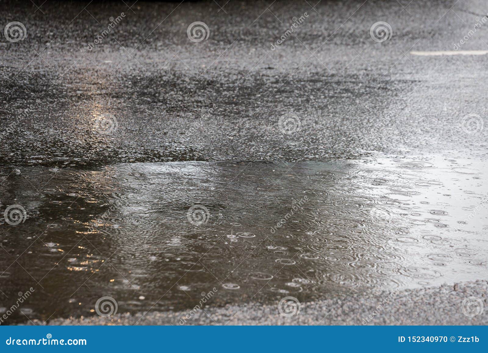 Puddle on Asphalt Road at Rain in City with Selective Focus and Boke ...