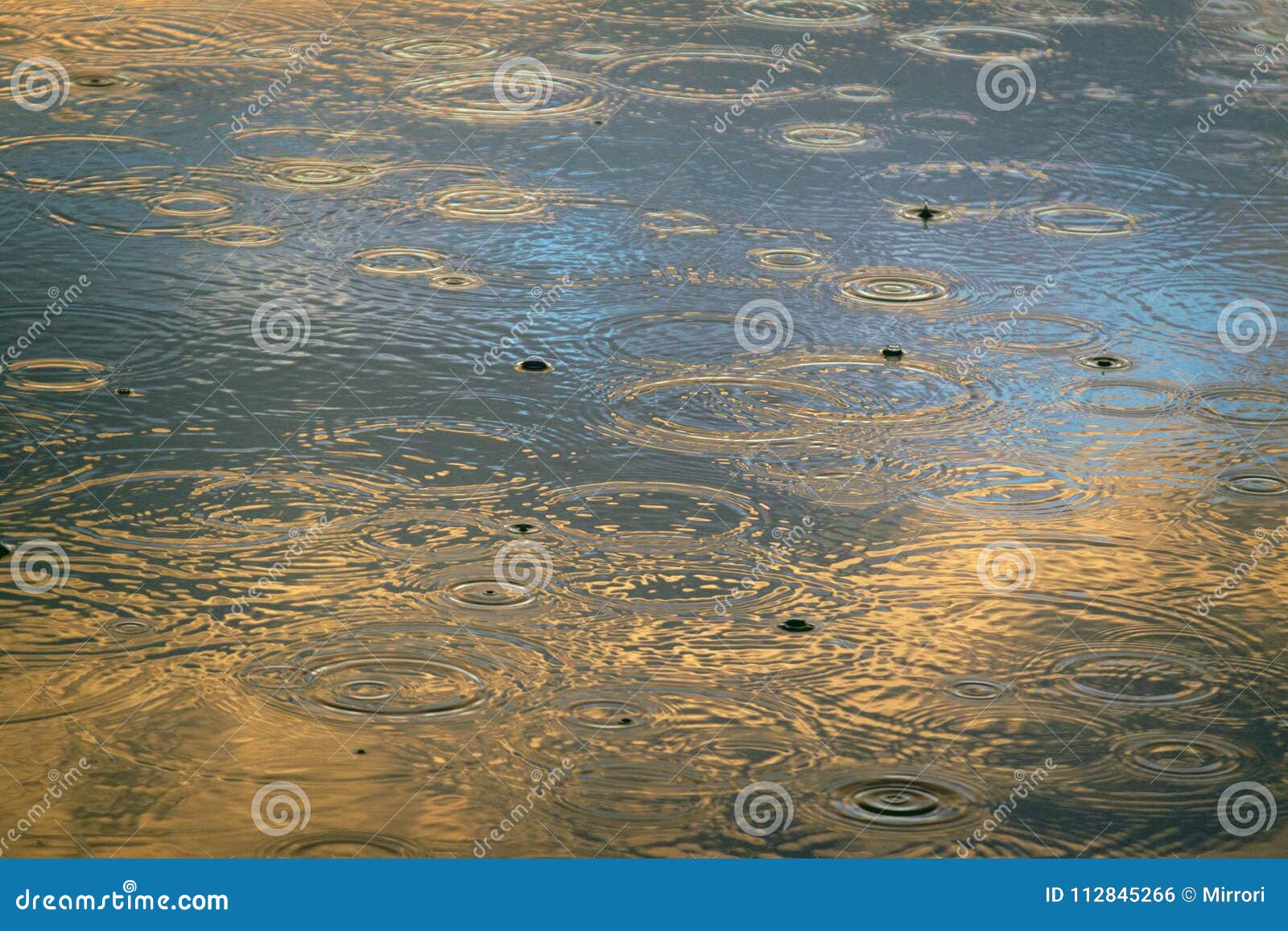 A Puddle with Circles on the Blue Surface of the Water, Painted with a ...
