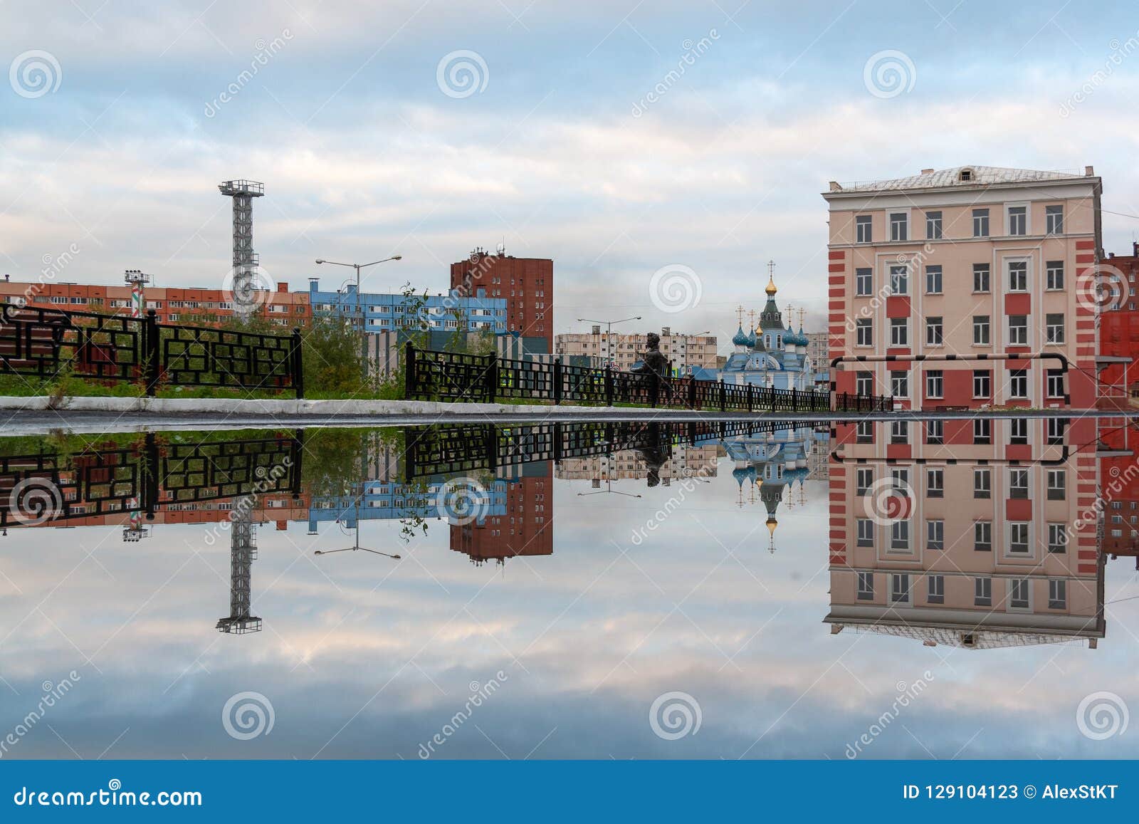 Puddle City Reflection, Norilsk Stock Image - Image of downtown ...