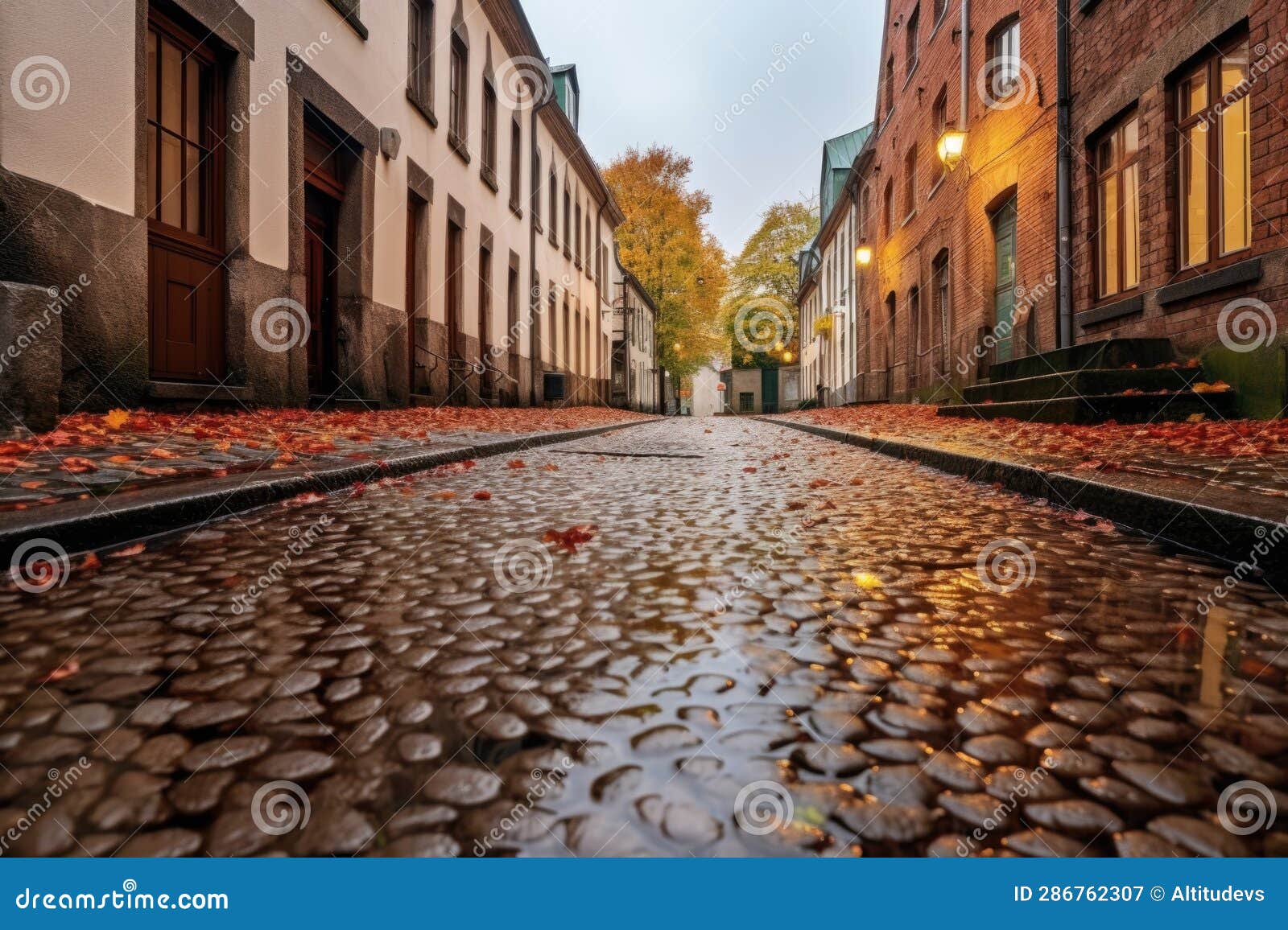 Puddle on Cobblestone Street after Rain Stock Image - Image of street ...