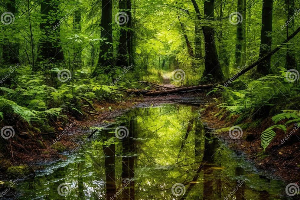 Puddle in a Forest, Reflecting Surrounding Greenery Stock Photo - Image ...