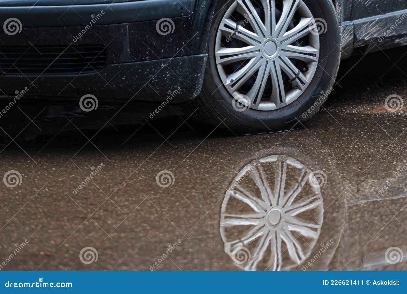 Puddle on the Pavement with a Reflection of the Car Wheel, Closeup ...
